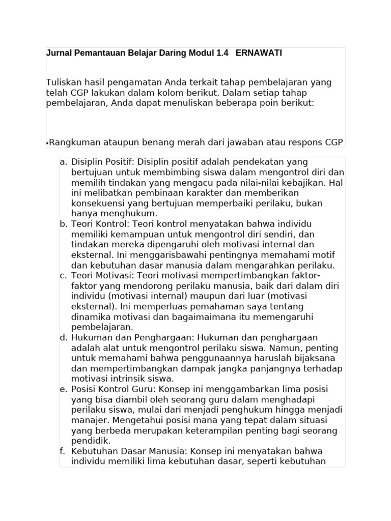 Jurnal Pemantauan Belajar Daring Modul 1,4 ERNAWATI | PDF
