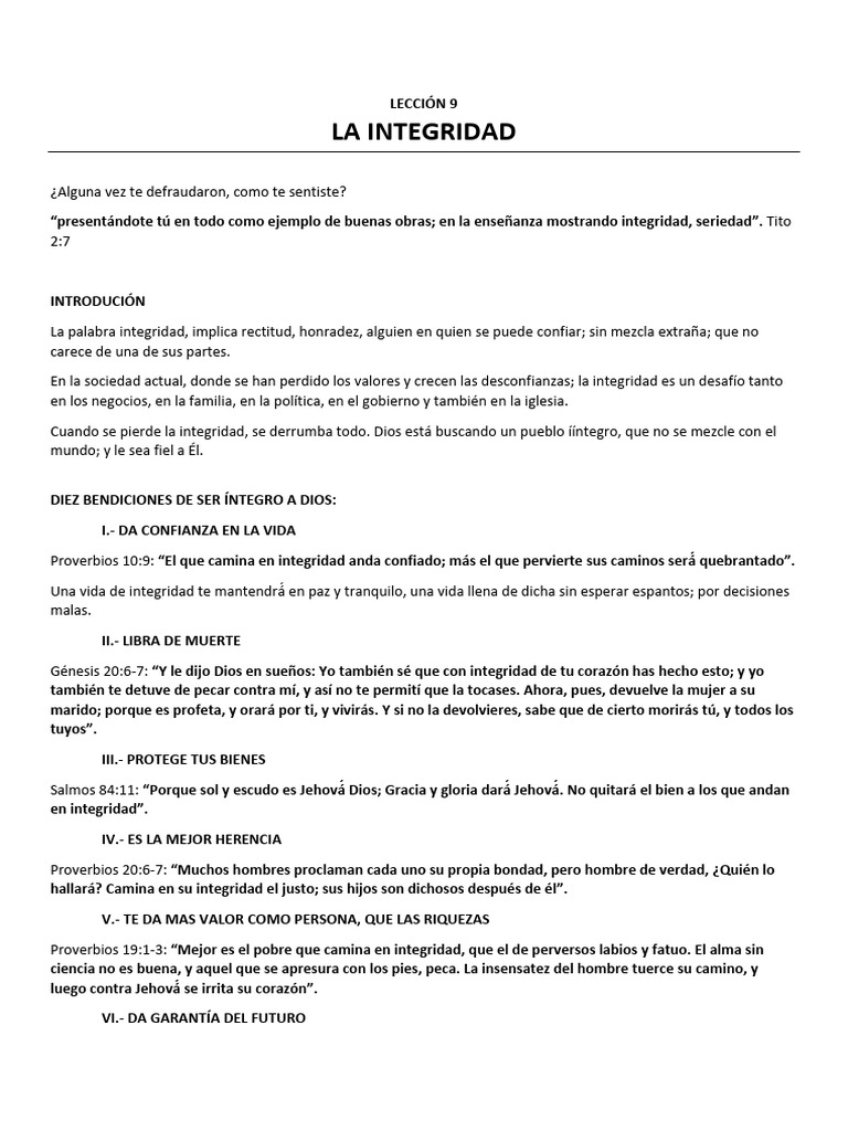La Integridad - Lección 9 | PDF