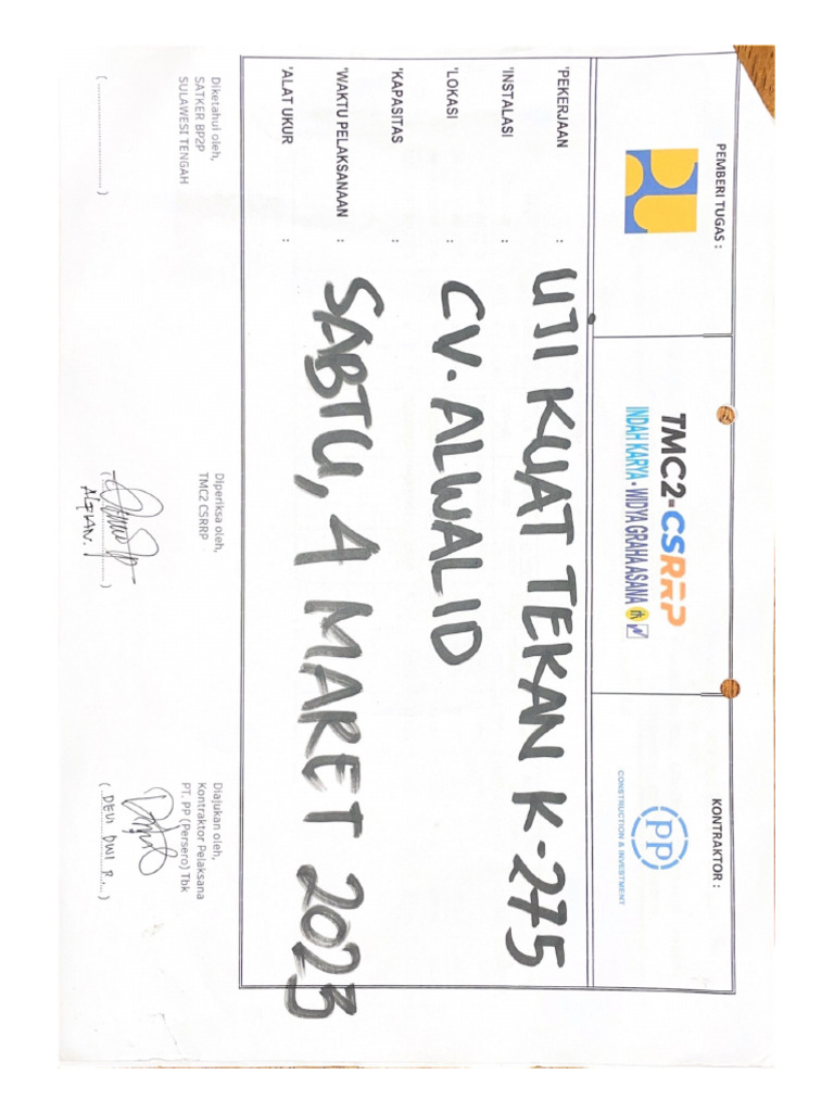 Hasil Uji Kuat Tekan K-275 (CV - Alwalid) | PDF