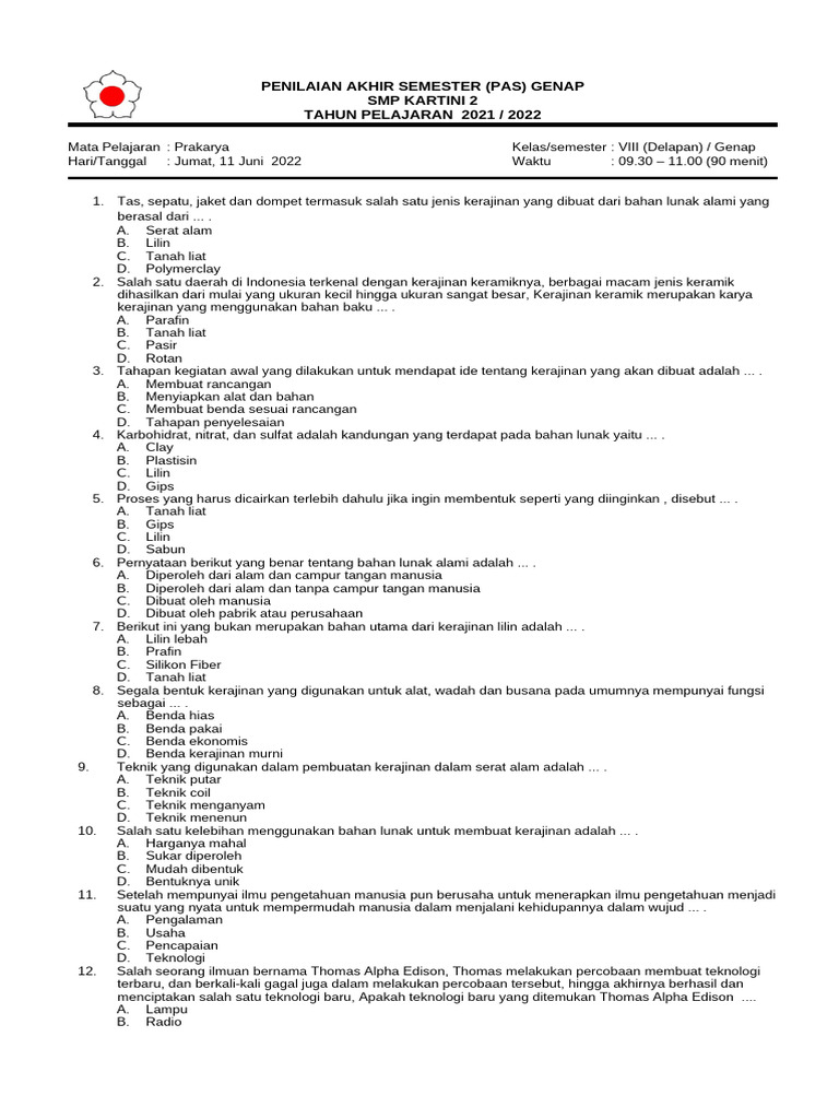 Soal Pas Genap Kelas 8 Prakarya | PDF