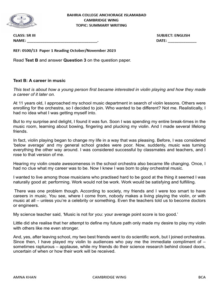 Summary - Career in Music | PDF