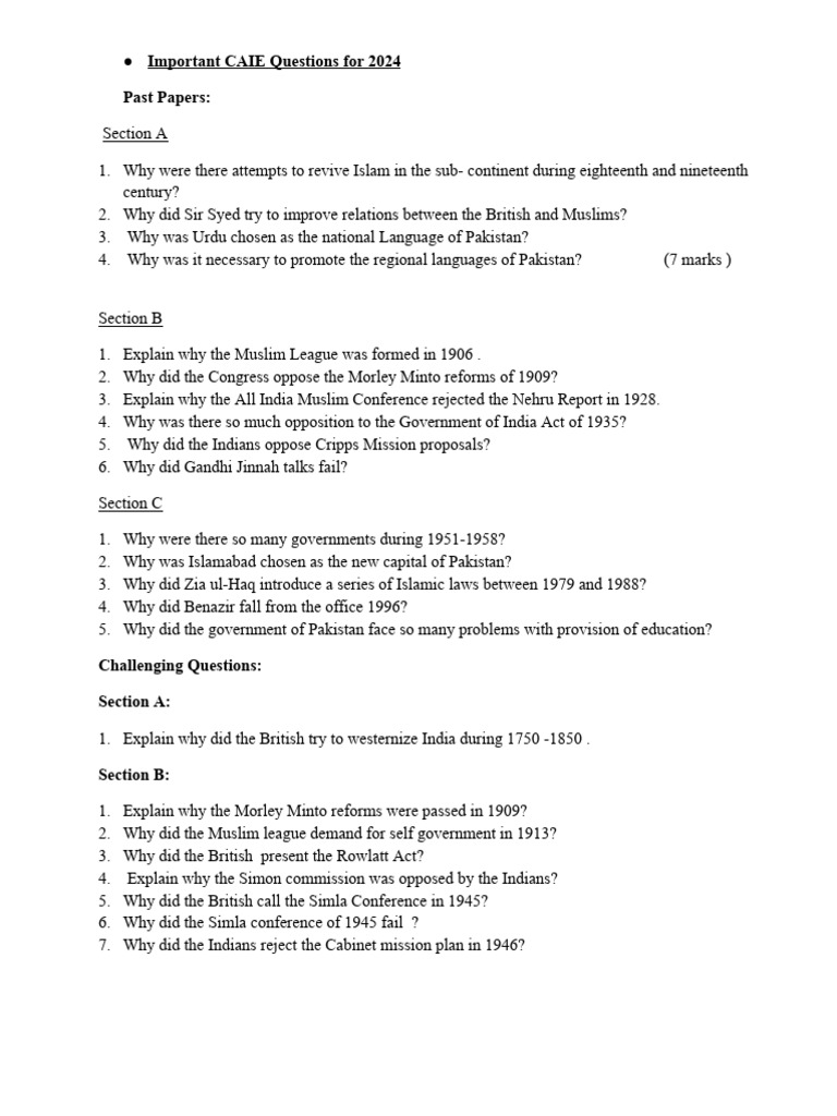 Key CAIE Questions for 2024 Exam | PDF | All India Muslim League | Pakistan
