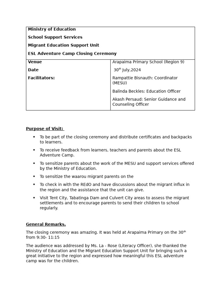 Visit To Region 9 (Closing Ceremony | PDF