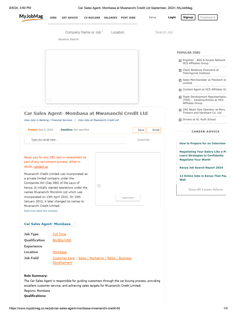 Car Sales Agent- Mombasa at Mwananchi Credit Ltd September, 2024 ...