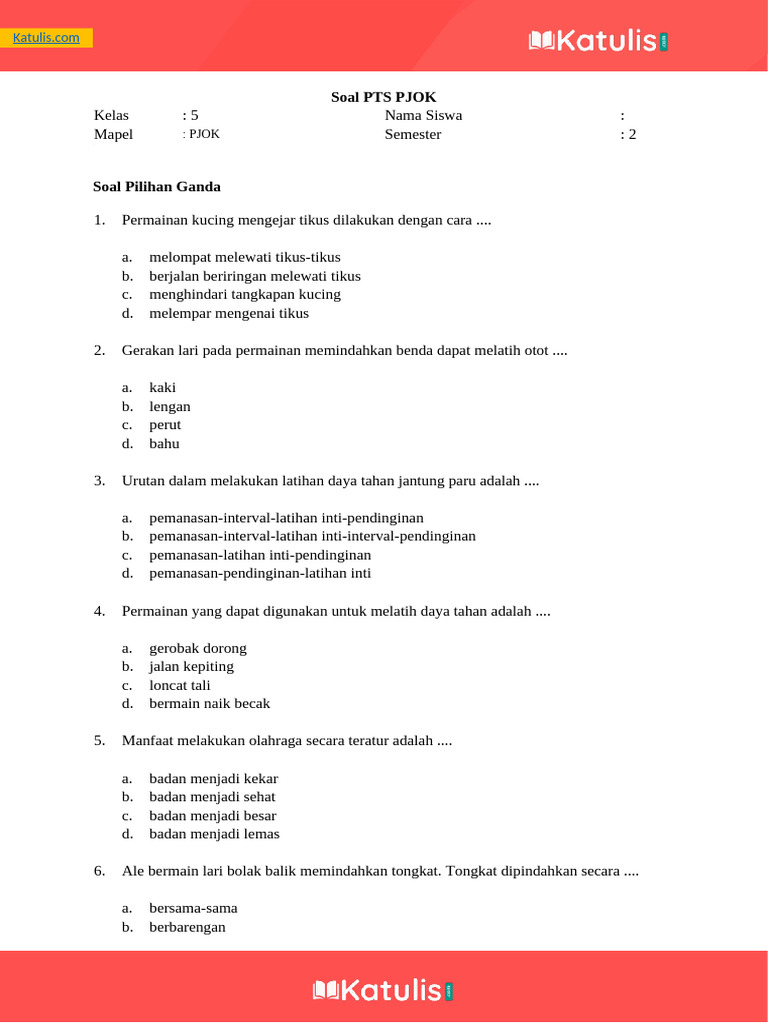 Soal PTS PJOK Kelas 5 Semester 2 | PDF
