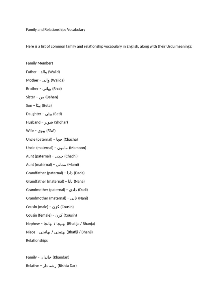 Family and Relationships Vocabulary | PDF