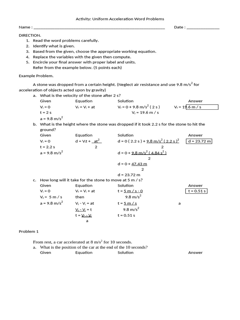 Acceleration Word Problems | PDF