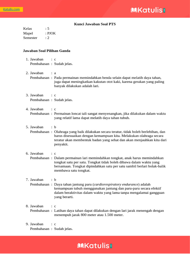 Kunci Jawaban Soal PTS PJOK Kelas 5 Semester 2 | PDF