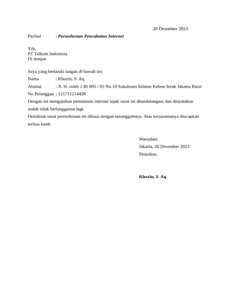 Surat Permohonan Pencabutan Internet | PDF
