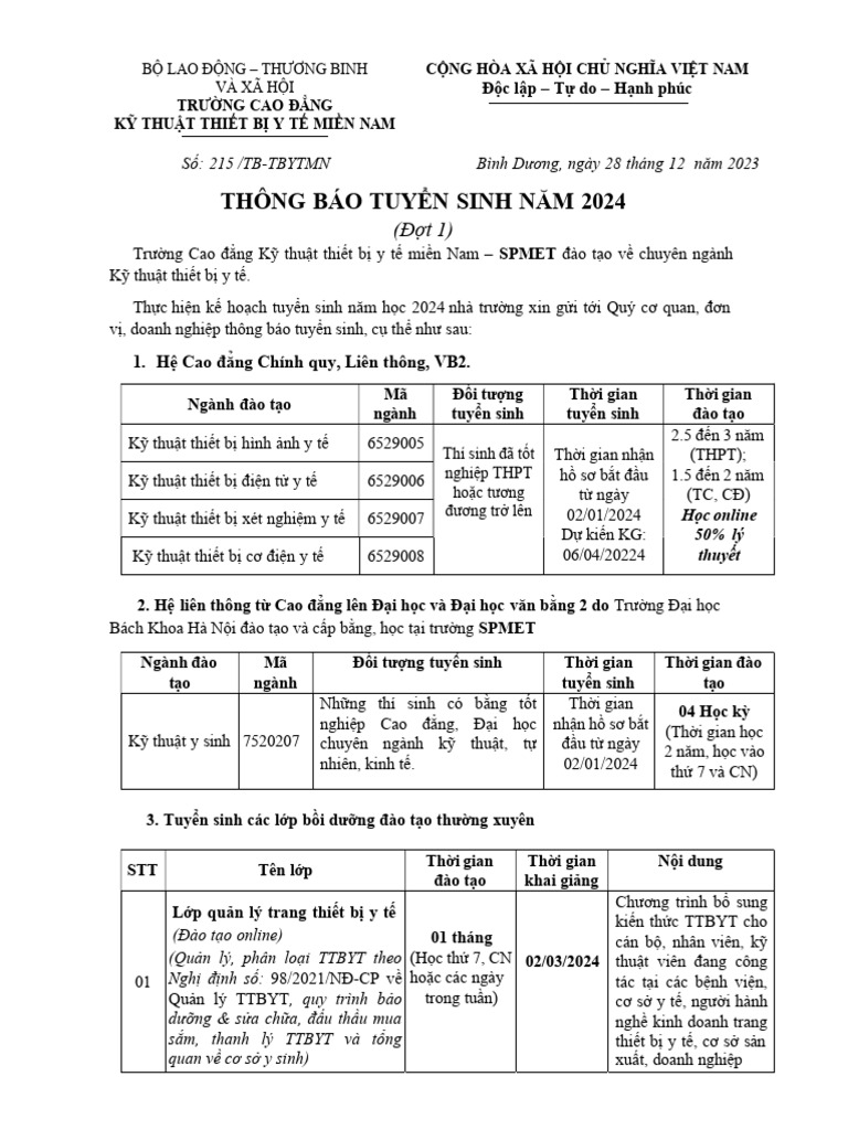 2024 - Thong Bao Tuyen Sinh - Spmet - PDF | PDF