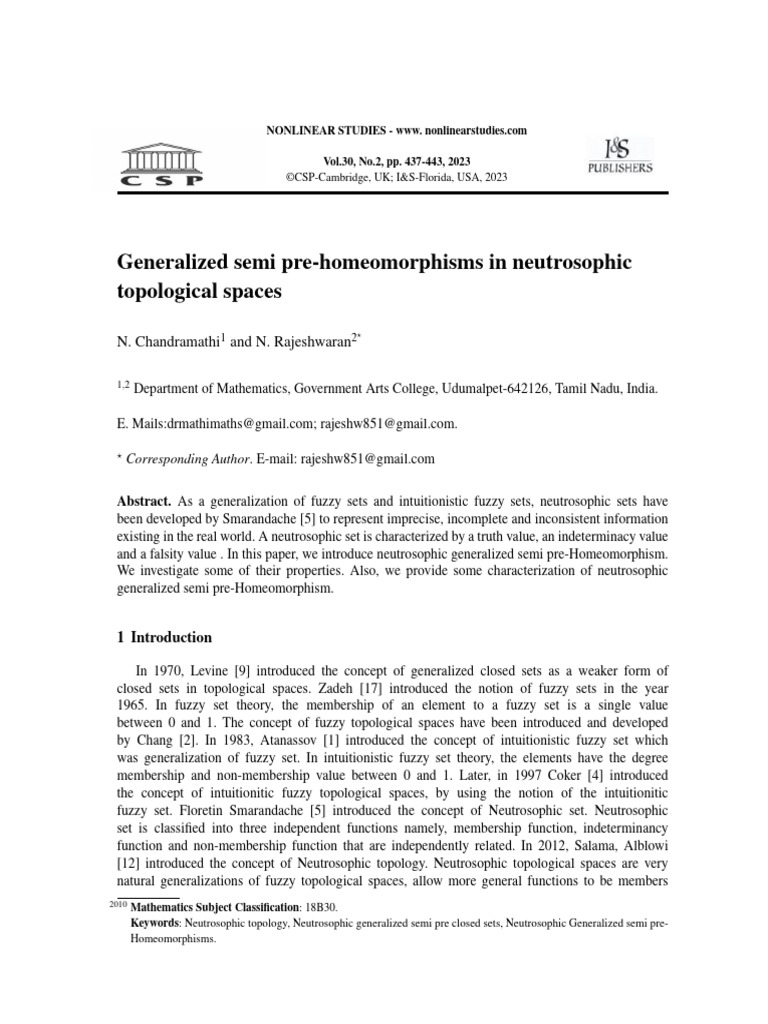 Generalized Semi Pre-Homeomorphisms in Neutrosophic Topological Space | PDF | Continuous ...