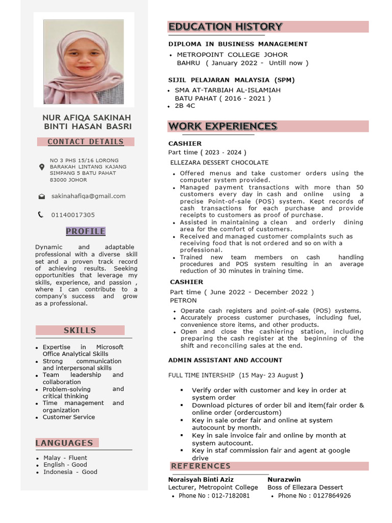 Resume Nur Afiqa Sakinah | PDF