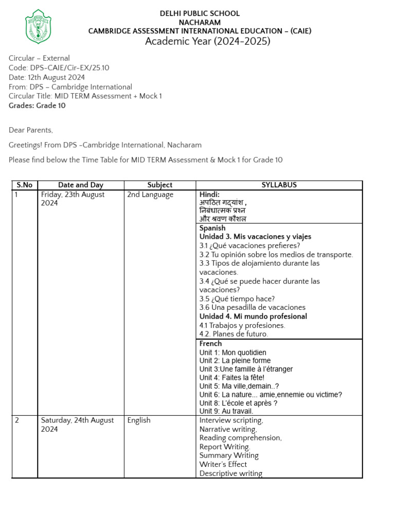 G10 - MIDTERM Syllabus and Date Sheet | PDF
