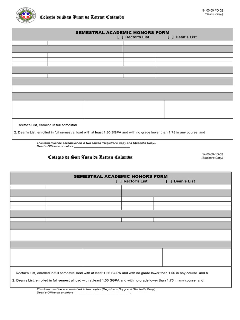 54 00 00 FO 02 Semestral Academic Honors Rectors and Deans List | PDF