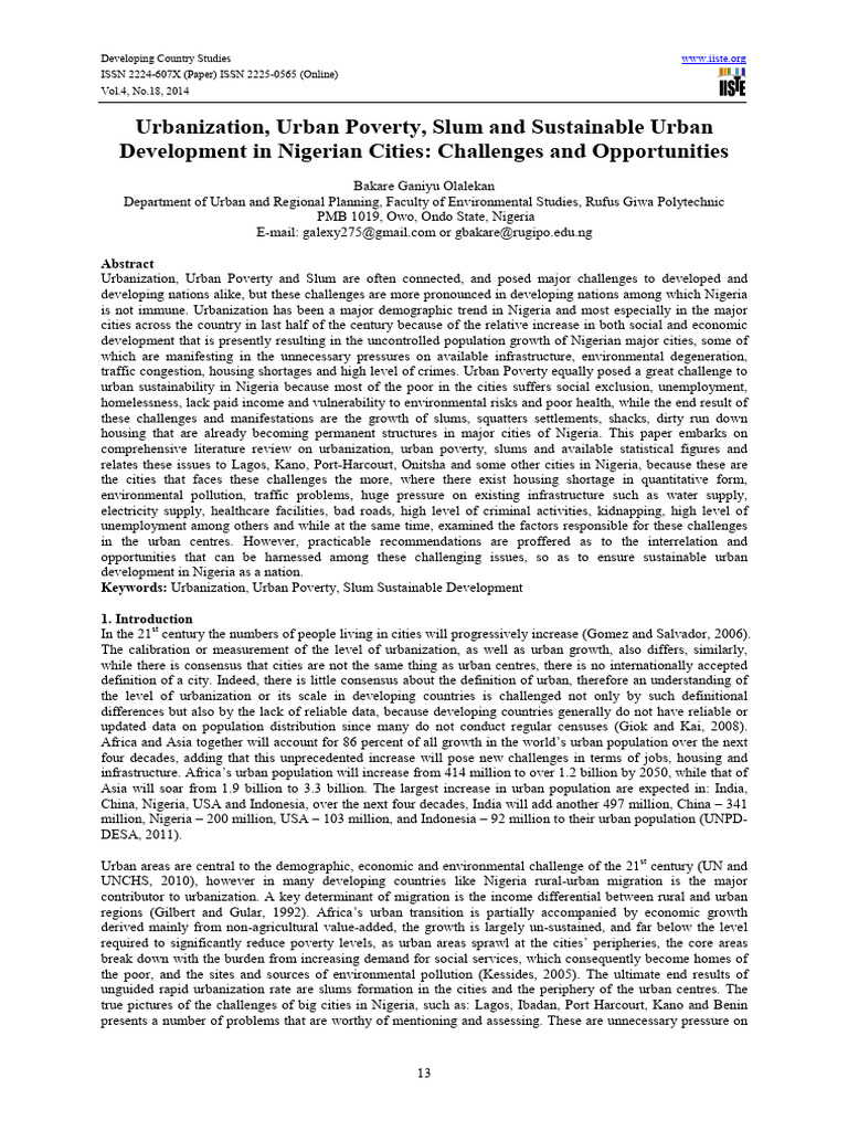 Urbanization, Urban Poverty, Slum and Sustainable Urban Development | PDF