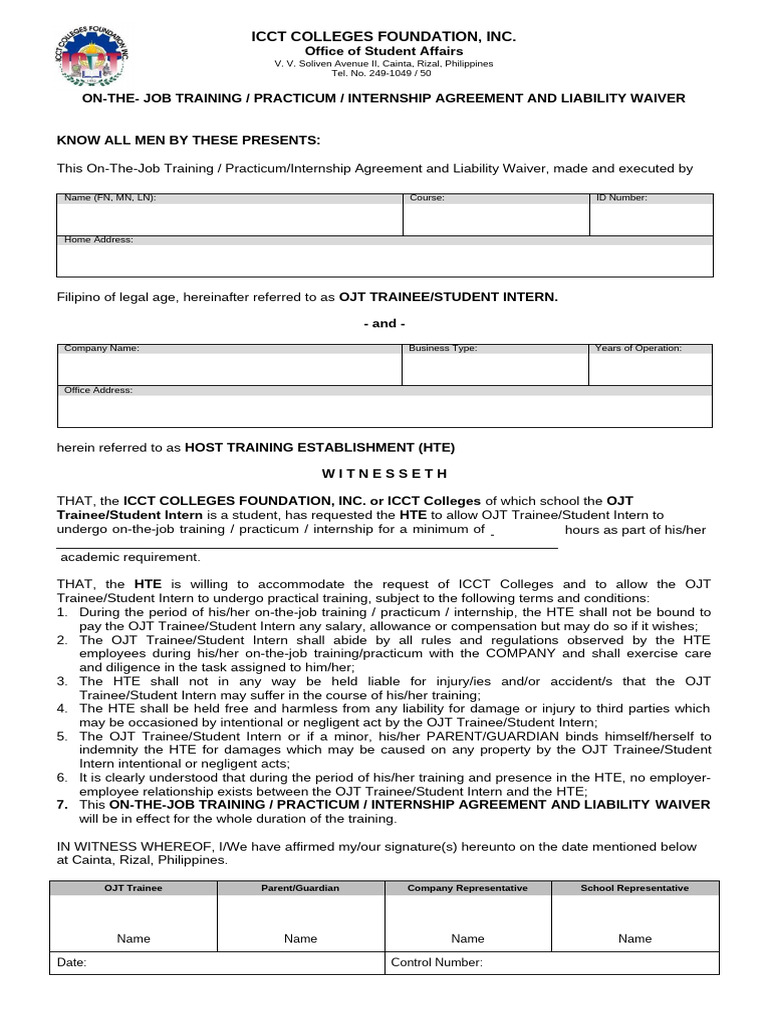 OJT Internship Agreement & Liability Waiver | PDF | Legal Liability | Business