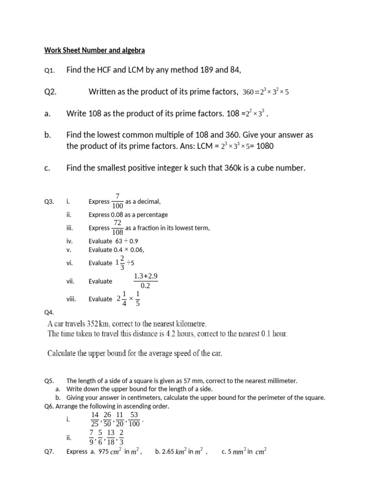 Work Sheet 1 Number & Algebra | PDF