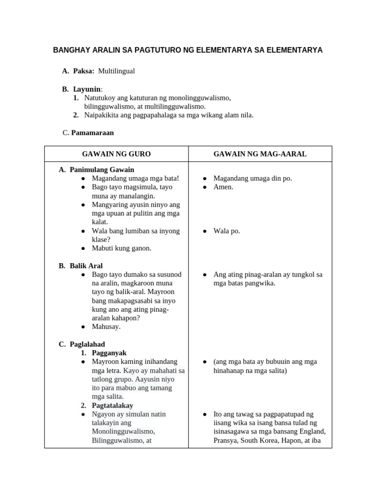 Banghay Aralin Sa Pagtuturo NG Filipino Sa Elementarya | PDF Banghay Aralin Sa Pagtuturo NG Filipino Sa Elementarya | PDF