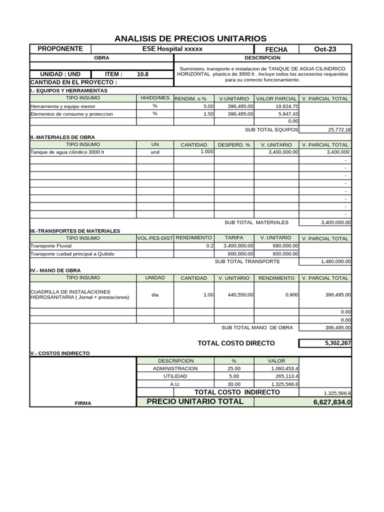 Formato APU Quibdó Chocó | PDF