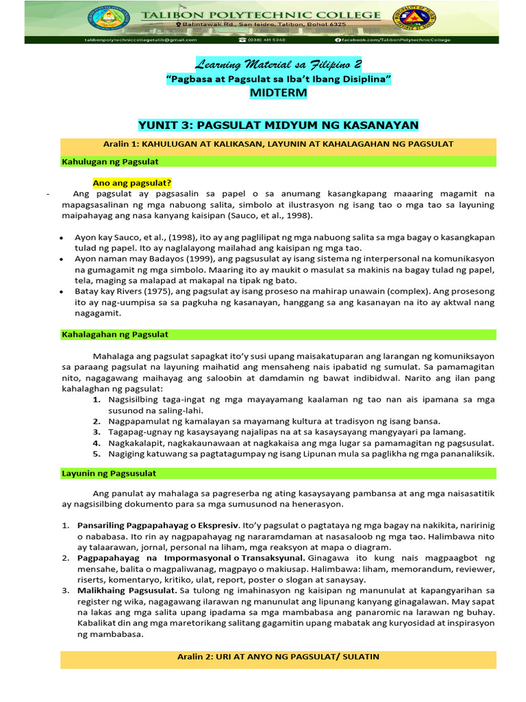 PDF Midterm Filipino 2 Learning Material | PDF