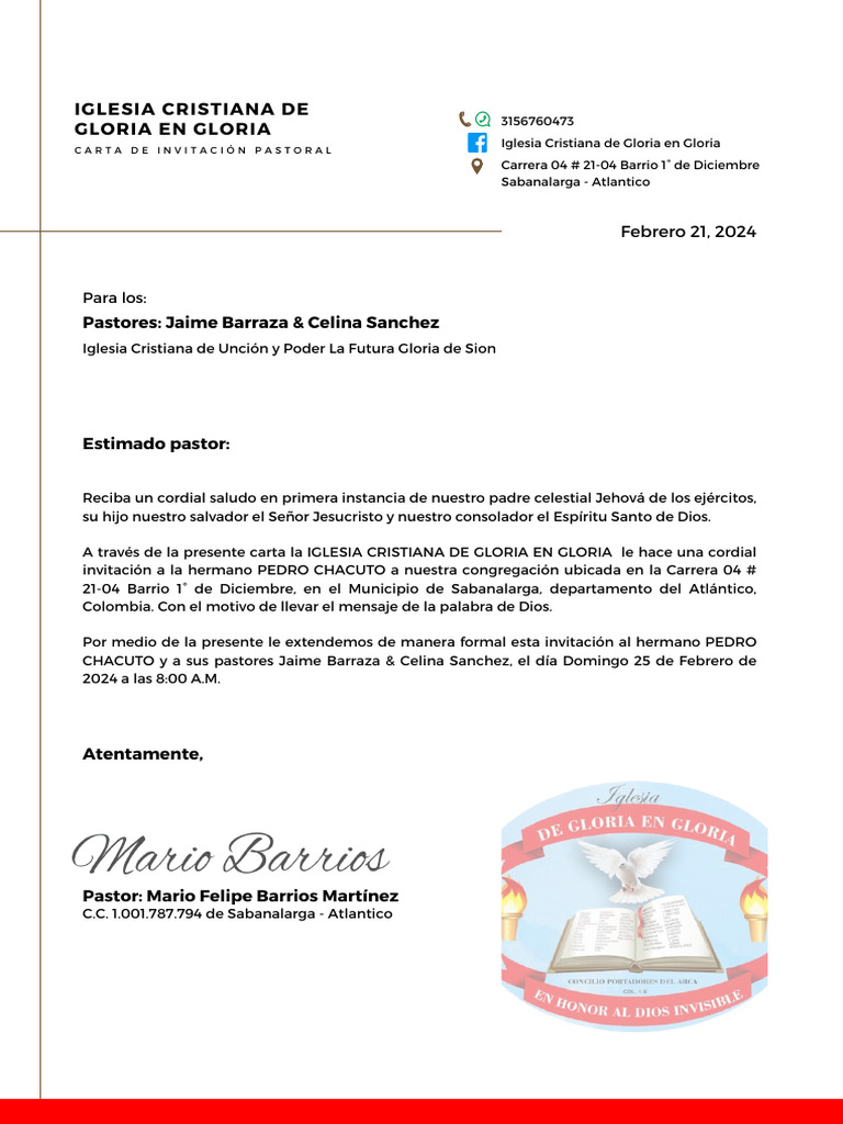 Carta Pastoral Pastores Jaime Barraza & Celina Sanchez | PDF