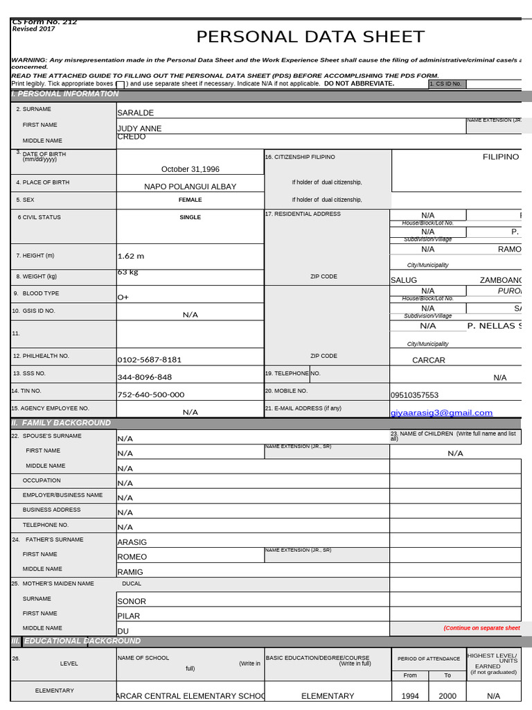 CS Form No. 212 Personal Data Sheet Revised | PDF