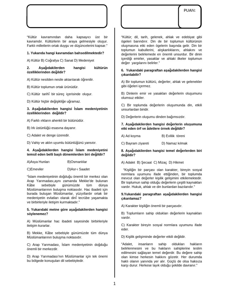 9.sinif Din 2-2 Sinav | PDF