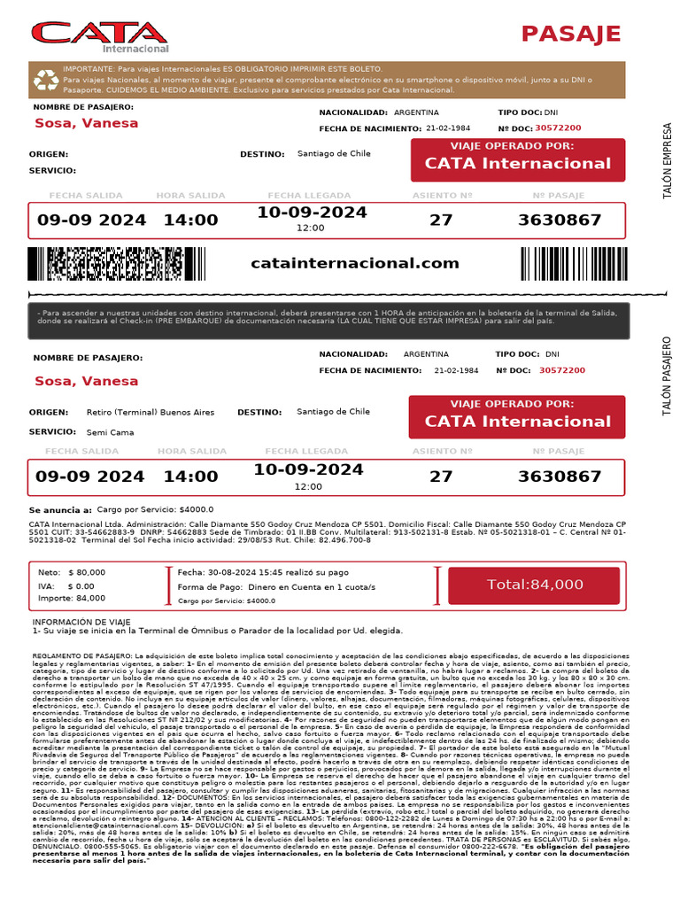 Pasaje: CATA Internacional | PDF