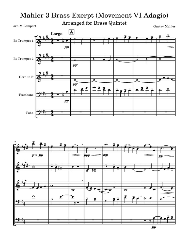 Mahler 3 Brass Exerpt Movement VI Adagio Arranged For Brass Quintet by Manish Lamport | PDF