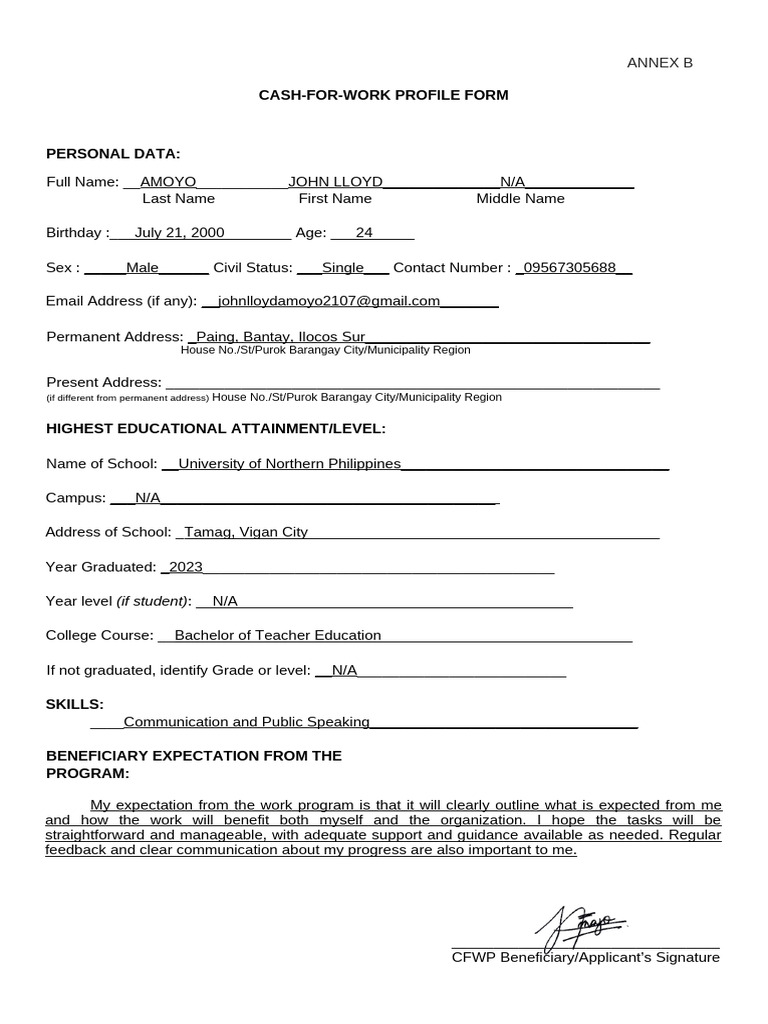 CFWP Profile Form - Amoyo, John Lloyd | PDF