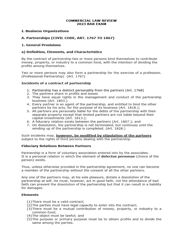 COMMERCIAL LAW REVIEW Note 1 Partnership | PDF