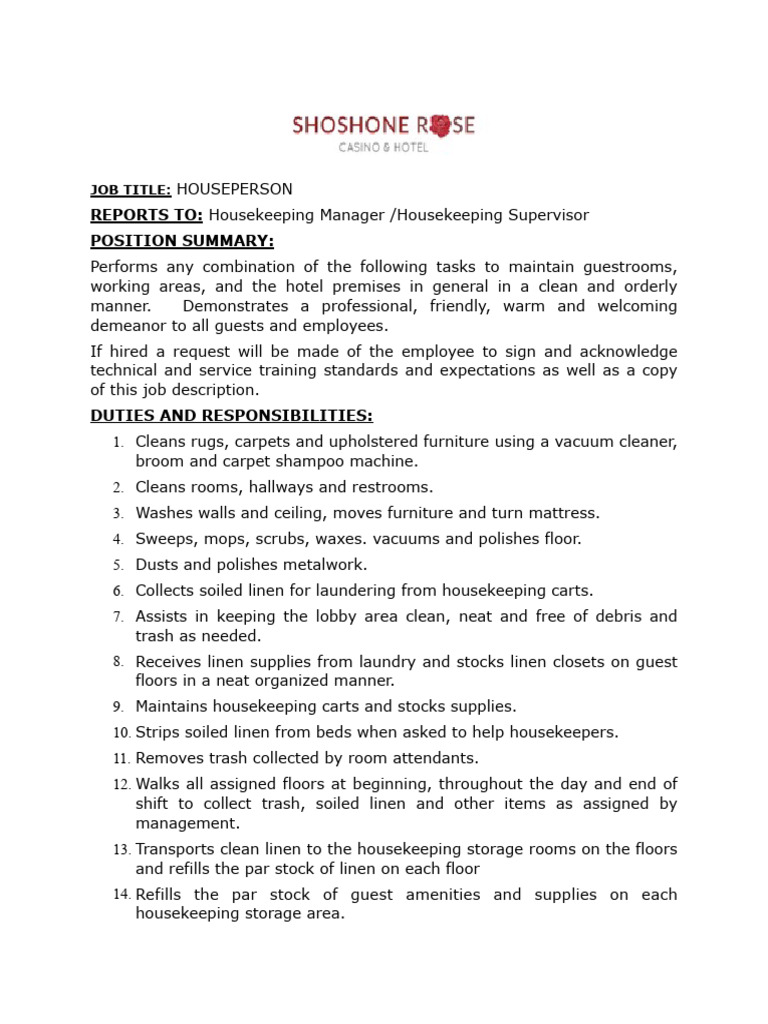 Houseman Job Description Posting Version | PDF | Housekeeping