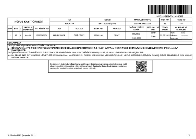 Nufus Kayit Ornegi | PDF