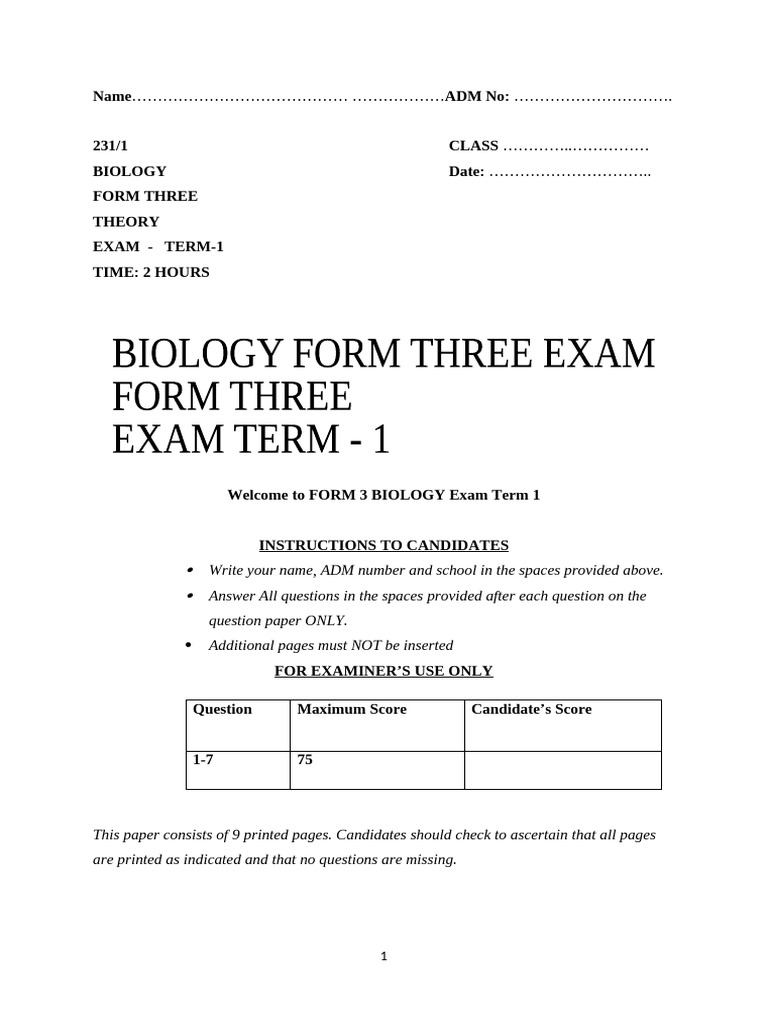 Bio f3 Term 1 Exam 1 2 | PDF
