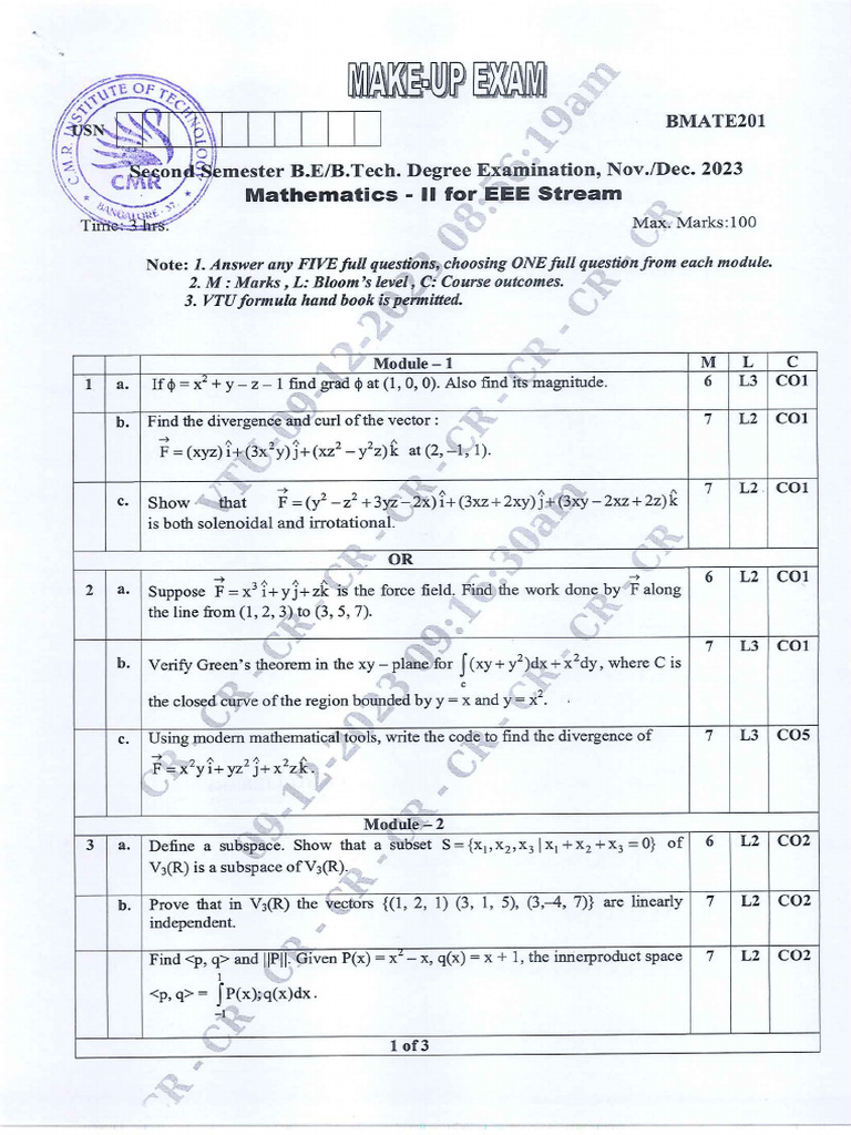 Make-Up VTU Question Paper of BMATE201 Mathematics-II For EEE Stream Nov-Dec-2023 | PDF