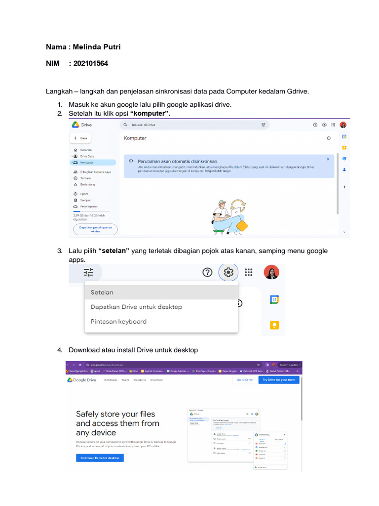 Melinda Putri - 202101564 Langkah-Langkah Dan Penjelasan Dalam Sinkronisasi Google Drive Ke ...