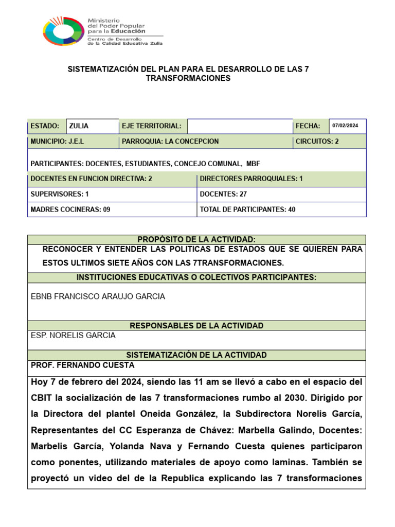 Cdcep Feb Plan para El Desarrollo de Las 7 Transformaciones | PDF | Venezuela | Aprendizaje