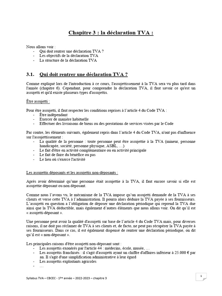Chapitre 3 - la déclaration TVA | PDF