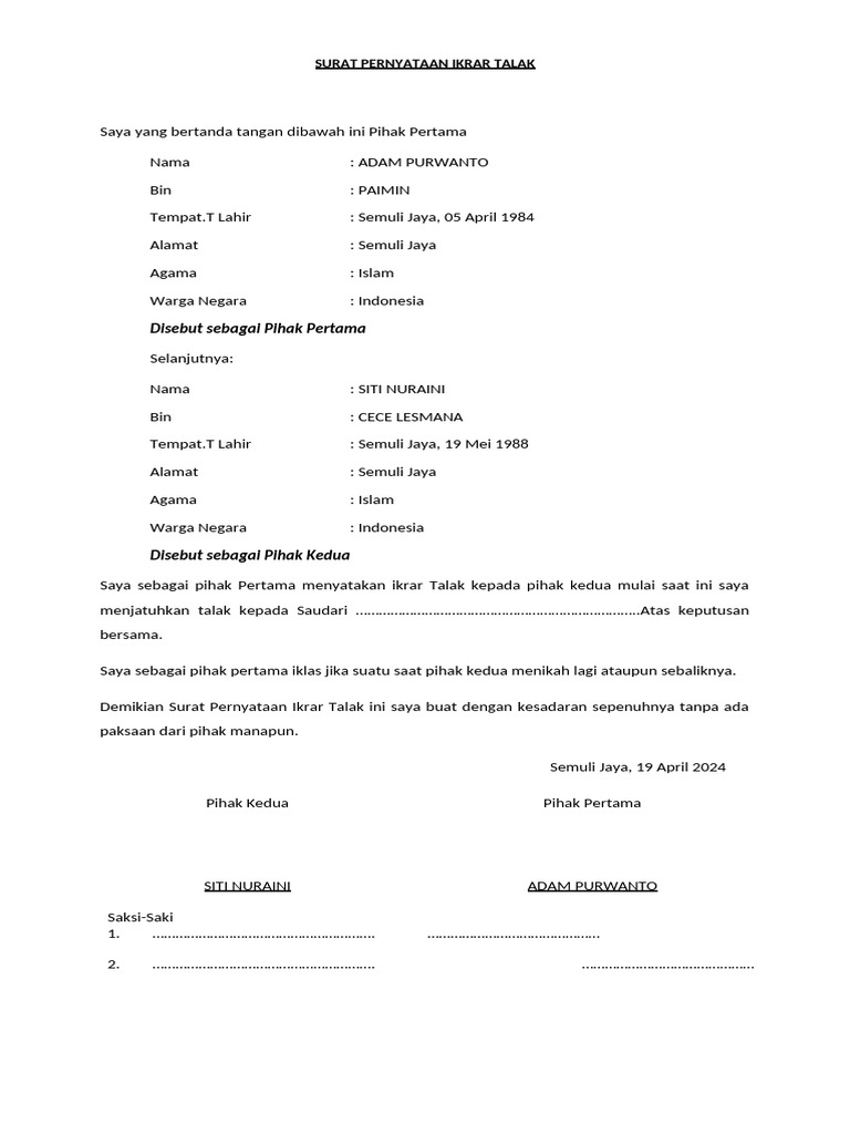 SURAT PERNYATAAN IKRAR TALAK 2 | PDF