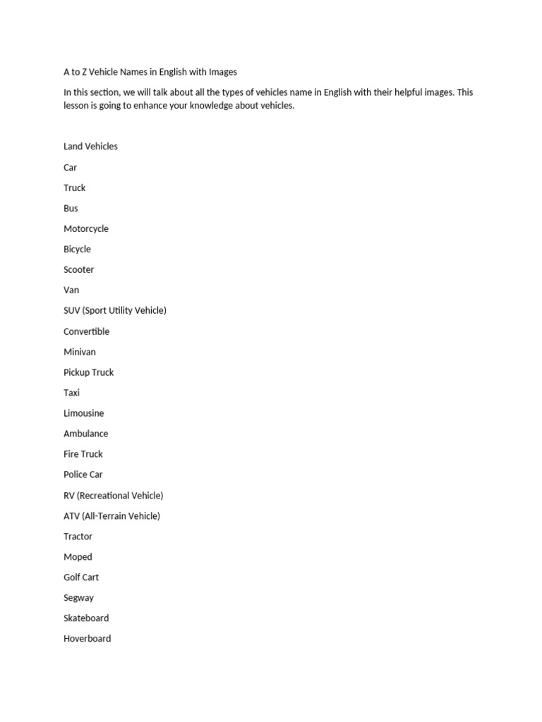A To Z Vehicle Names in English With Images | PDF