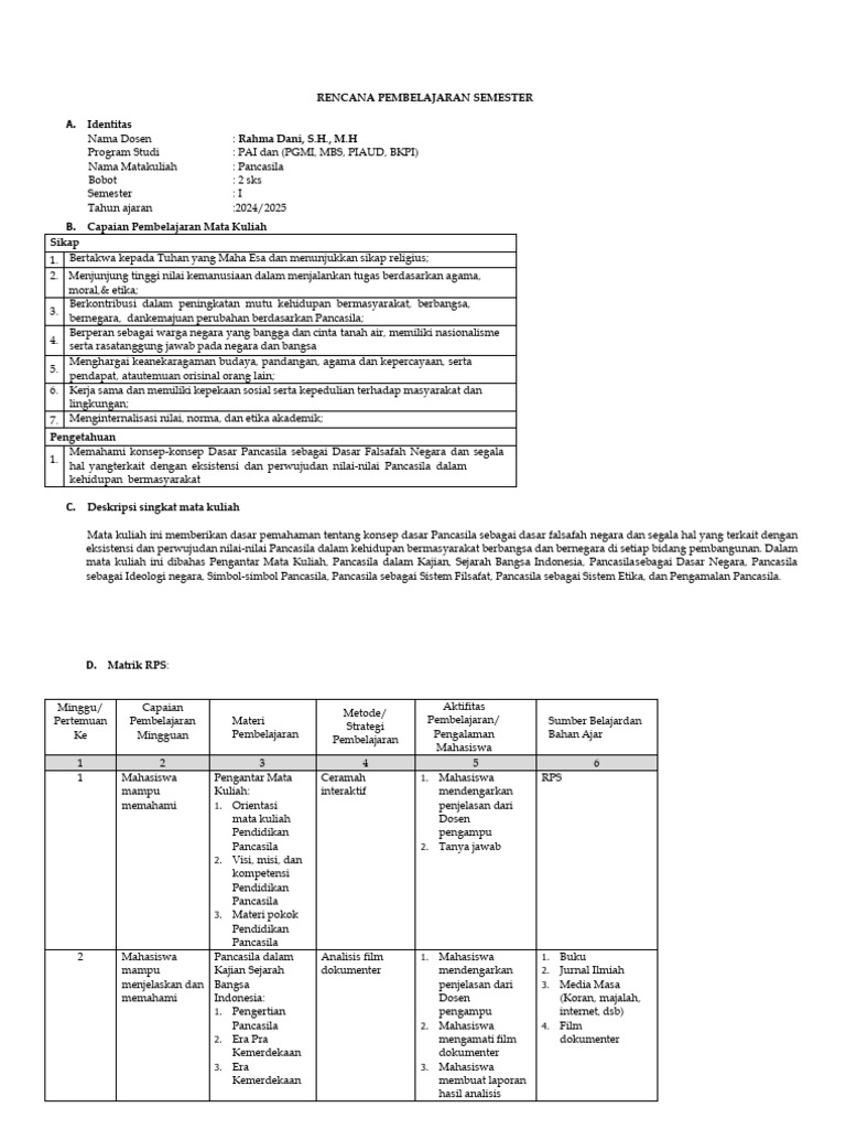 RENCANA PEMBELAJARAN SEMESTER PANCASILA | PDF