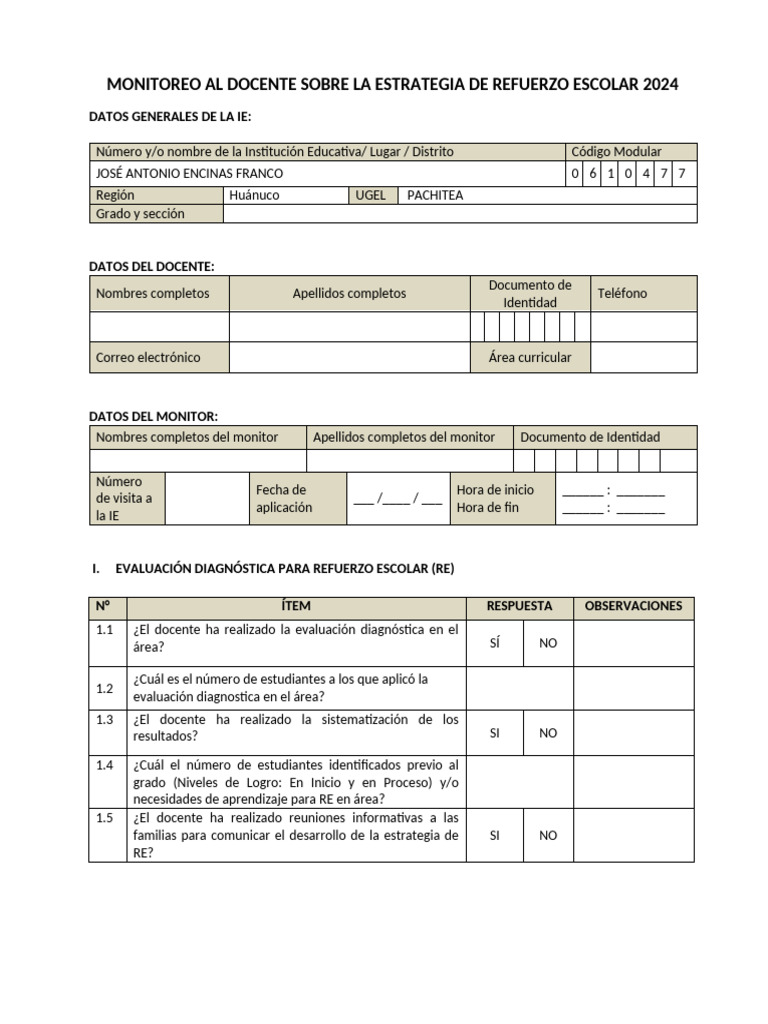 FICHA DE MONITOREO AL DOCENTE SOBRE LA ESTRATEGIA DE REFUERZO ESCOLAR 2024 | PDF