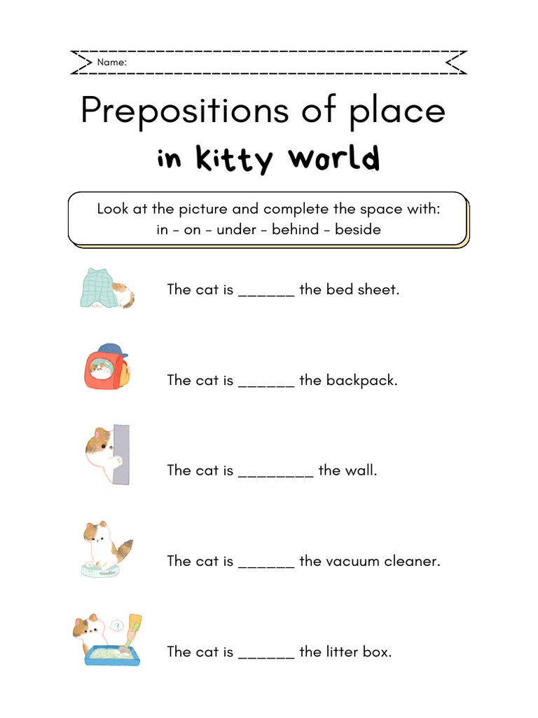 Black, White and Colorful Cat Worksheet Prepositions of Place Activity ...