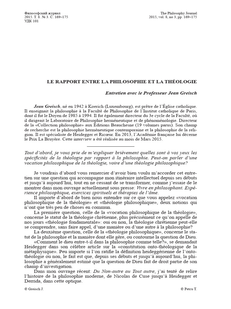 Le Rapport Entre La Philosophie Et La Théologie: Jean Greisch | PDF