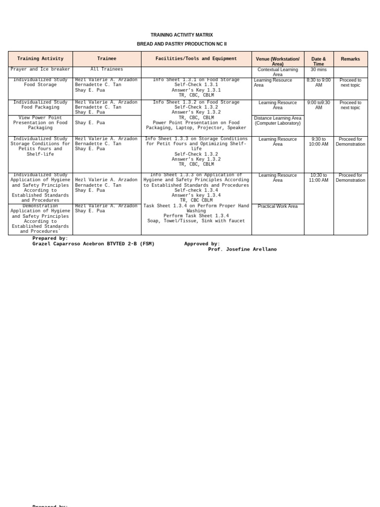 Training Activity Matrix | PDF