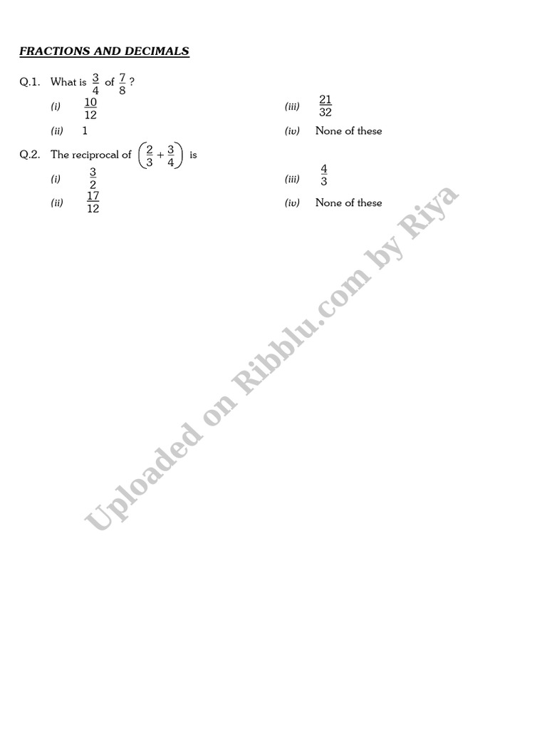 Class 7 Maths Important Questions Fractions and Decimals Dps | PDF | Elementary Mathematics ...