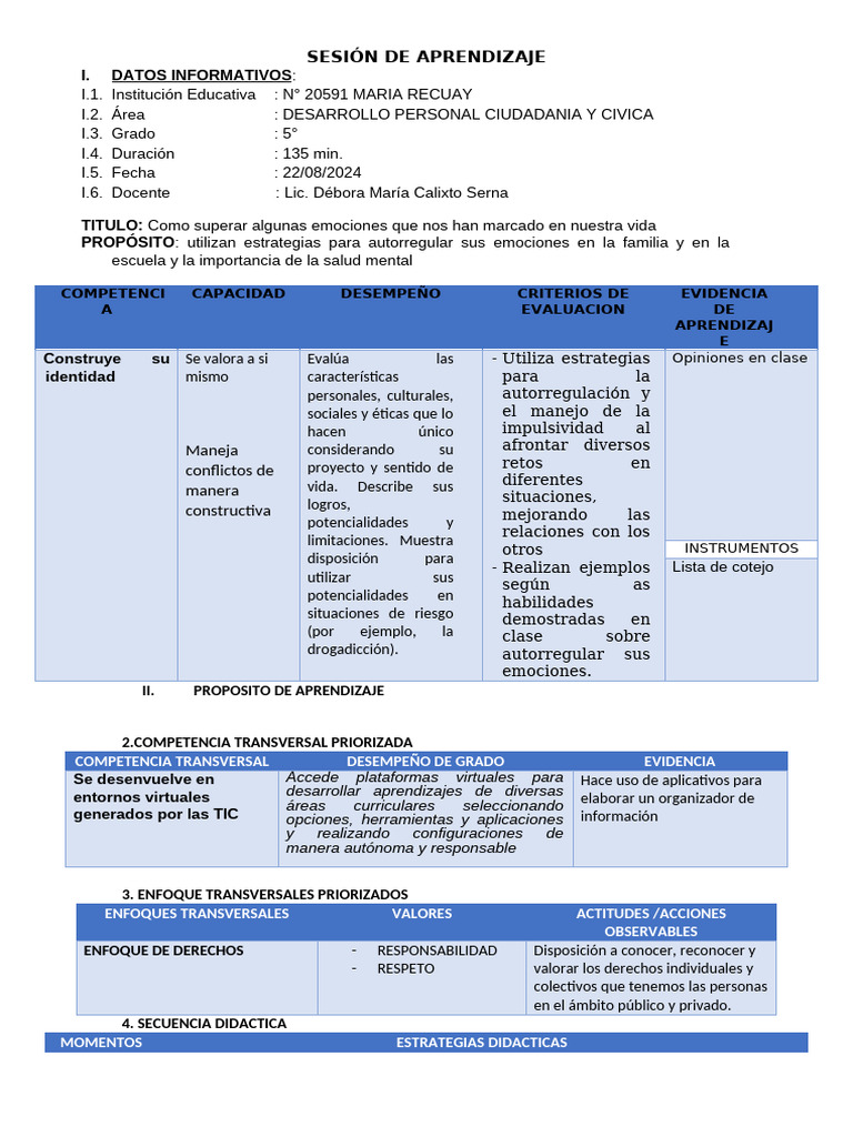 SESIÓN DE APRENDIZAJE DPCC 5 29-08 | PDF