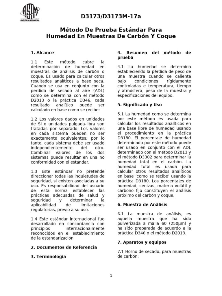 ASTM D3173D3173M-17a Humedad Residual | PDF