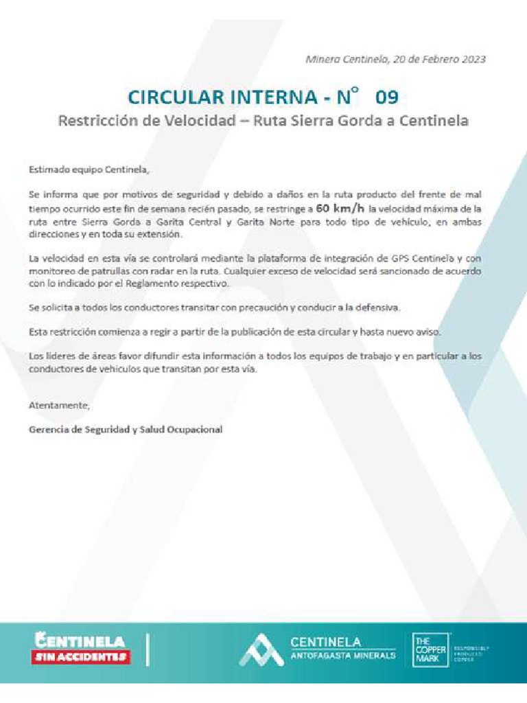 Circular Interna #09 Restricción de Velocidad Ruta Sierra Gorda A Centinela | PDF