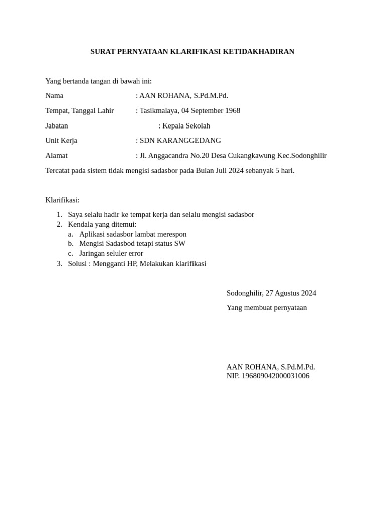 Surat Pernyataan Klarifikasi Ketidakhadiran | PDF